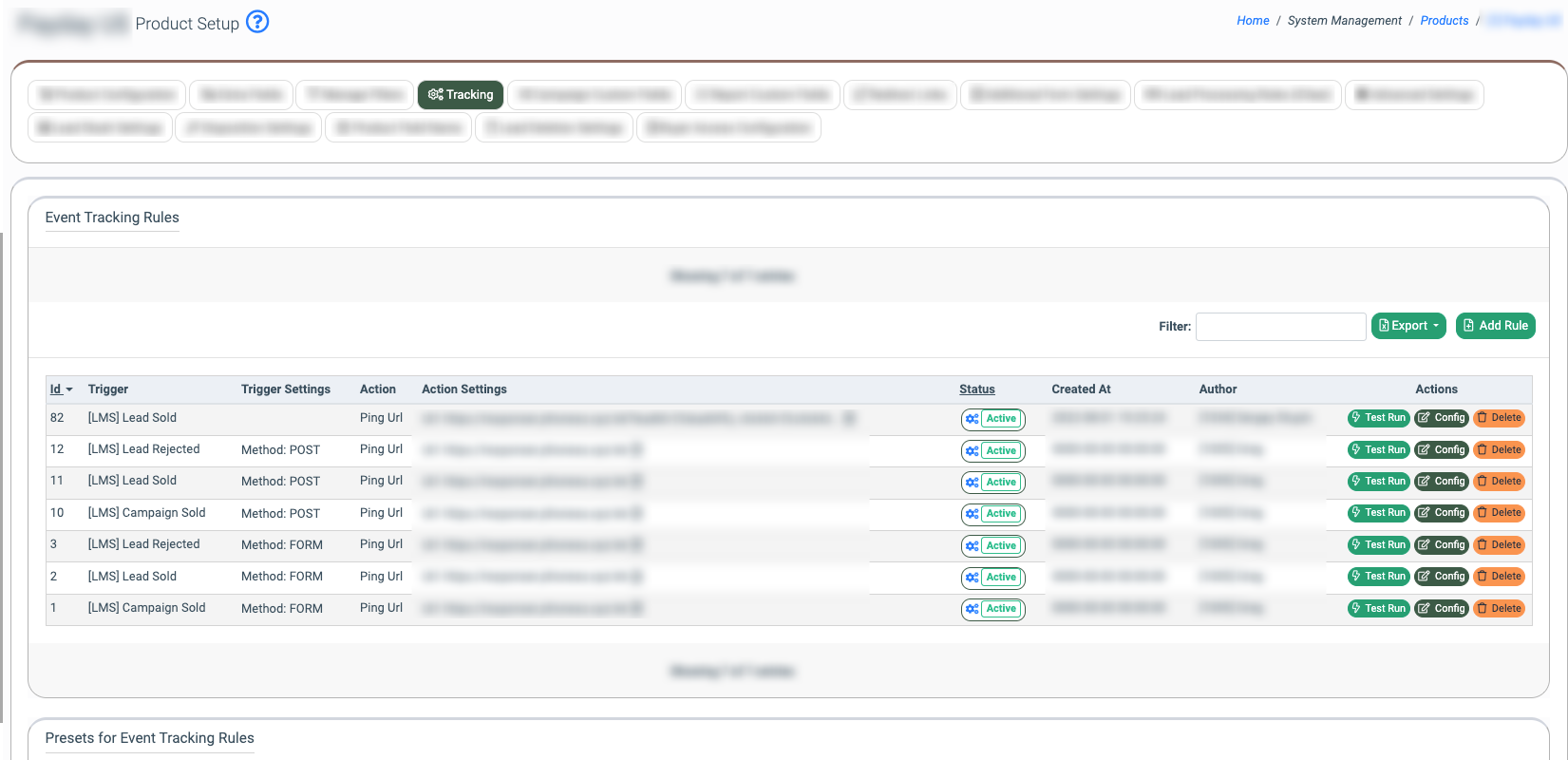 Product Settings: Tracking Tab